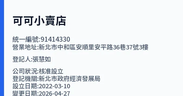 可可小賣店的照片-統編 91414330(新北市) 公司登記資料與營業項目詳細圖表