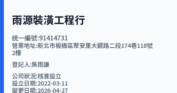 雨源裝潢工程行的照片-統編 91414731(新北市) 公司登記資料與營業項目詳細圖表
