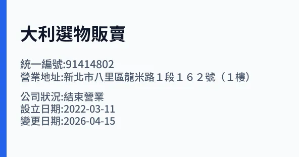 大利選物販賣的照片-統編 91414802(新北市) 公司登記資料與營業項目詳細圖表