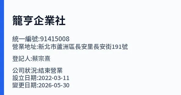 籠亨企業社的照片-統編 91415008(新北市) 公司登記資料與營業項目詳細圖表