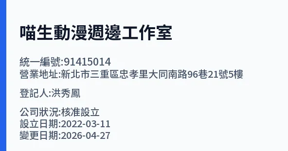 喵生動漫週邊工作室的照片-統編 91415014(新北市) 公司登記資料與營業項目詳細圖表