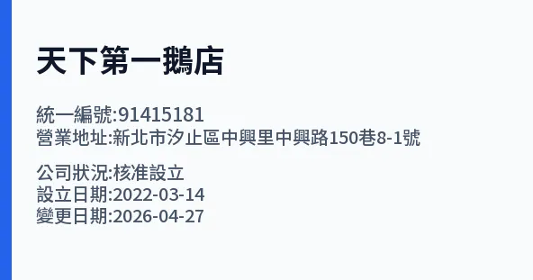 天下第一鵝店的照片-統編 91415181(新北市) 公司登記資料與營業項目詳細圖表