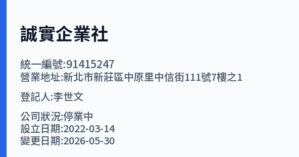 誠實企業社的照片-統編 91415247(新北市) 公司登記資料與營業項目詳細圖表