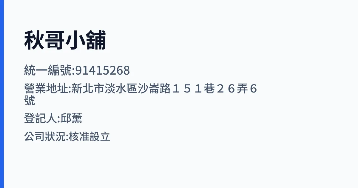 秋哥小舖 - 統編 91415268(新北市) 公司登記資料與營業項目詳細圖表