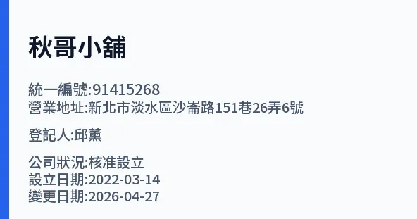 秋哥小舖的照片-統編 91415268(新北市) 公司登記資料與營業項目詳細圖表