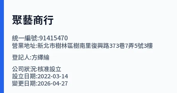 聚藝商行的照片-統編 91415470(新北市) 公司登記資料與營業項目詳細圖表