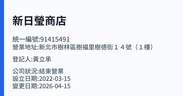 新日瑩商店的照片-統編 91415491(新北市) 公司登記資料與營業項目詳細圖表