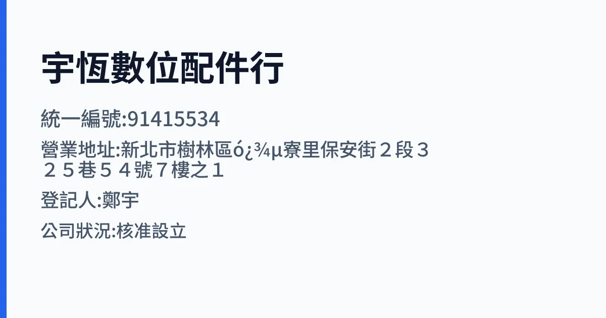 宇恆數位配件行 - 統編 91415534(新北市) 公司登記資料與營業項目詳細圖表
