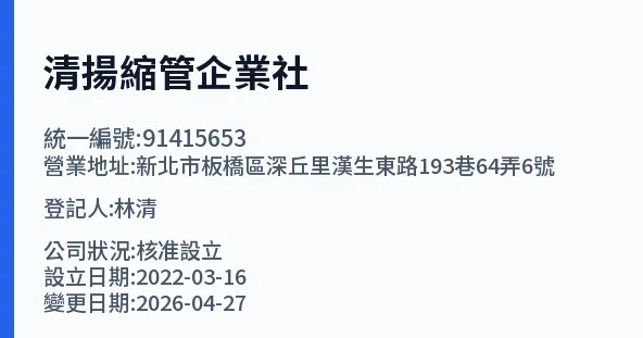 清揚縮管企業社的照片-統編 91415653(新北市) 公司登記資料與營業項目詳細圖表