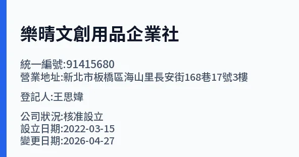 樂晴文創用品企業社的照片-統編 91415680(新北市) 公司登記資料與營業項目詳細圖表