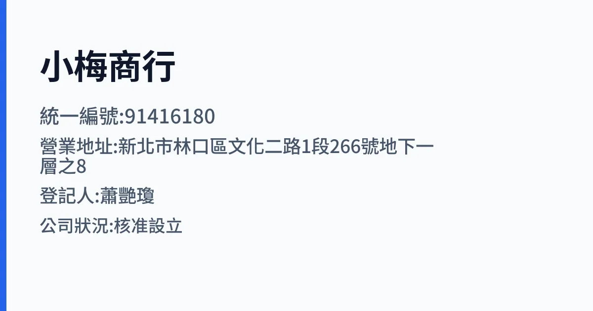小梅商行 - 統編 91416180(新北市) 公司登記資料與營業項目詳細圖表