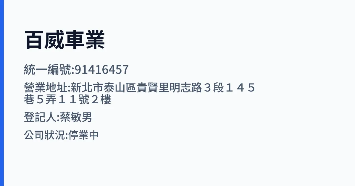 百威車業 - 統編 91416457(新北市) 公司登記資料與營業項目詳細圖表