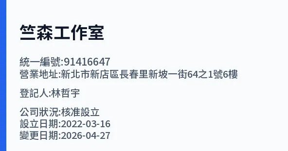 竺森工作室的照片-統編 91416647(新北市) 公司登記資料與營業項目詳細圖表