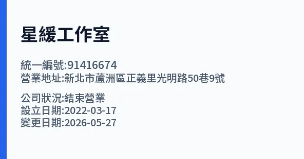 星緩工作室的照片-統編 91416674(新北市) 公司登記資料與營業項目詳細圖表