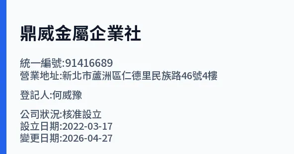 鼎威金屬企業社的照片-統編 91416689(新北市) 公司登記資料與營業項目詳細圖表