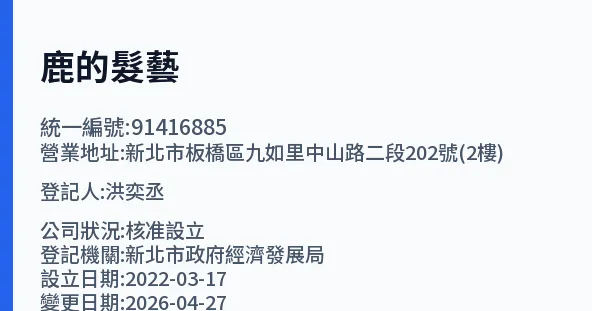 鹿的髮藝的照片-統編 91416885(新北市) 公司登記資料與營業項目詳細圖表