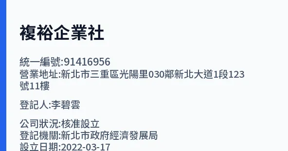 複裕企業社的照片-統編 91416956(新北市) 公司登記資料與營業項目詳細圖表