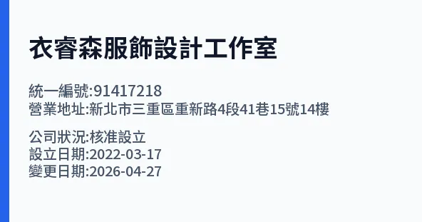 衣睿森服飾設計工作室的照片-統編 91417218(新北市) 公司登記資料與營業項目詳細圖表