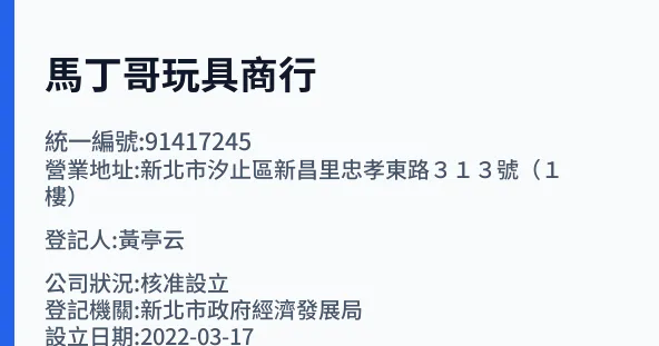 馬丁哥玩具商行的照片-統編 91417245(新北市) 公司登記資料與營業項目詳細圖表