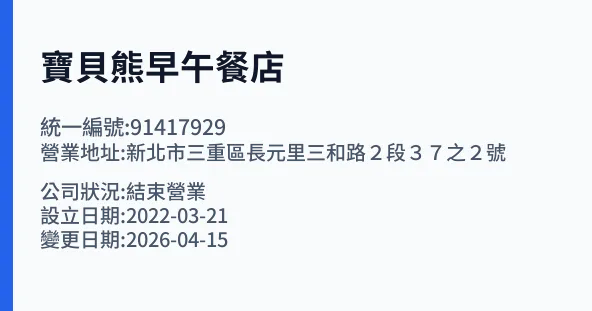 寶貝熊早午餐店的照片-統編 91417929(新北市) 公司登記資料與營業項目詳細圖表