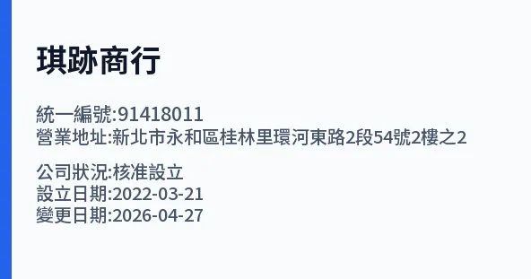 琪跡商行的照片-統編 91418011(新北市) 公司登記資料與營業項目詳細圖表