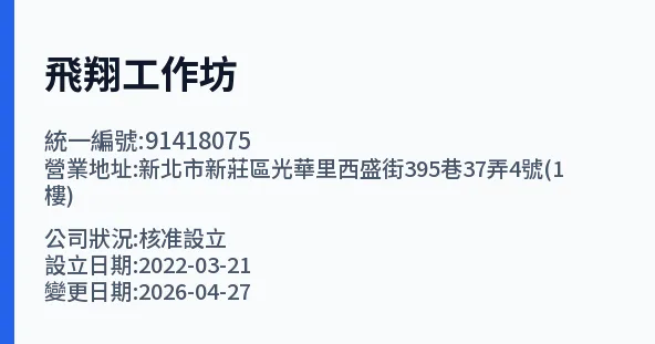 飛翔工作坊的照片-統編 91418075(新北市) 公司登記資料與營業項目詳細圖表
