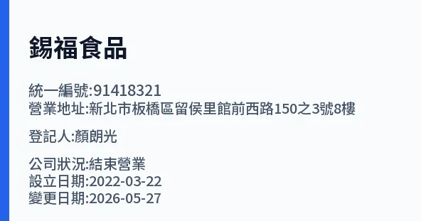 錫福食品的照片-統編 91418321(新北市) 公司登記資料與營業項目詳細圖表