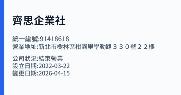 齊思企業社的照片-統編 91418618(新北市) 公司登記資料與營業項目詳細圖表
