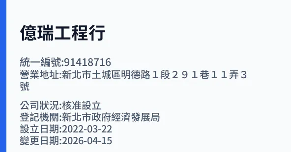 億瑞工程行的照片-統編 91418716(新北市) 公司登記資料與營業項目詳細圖表