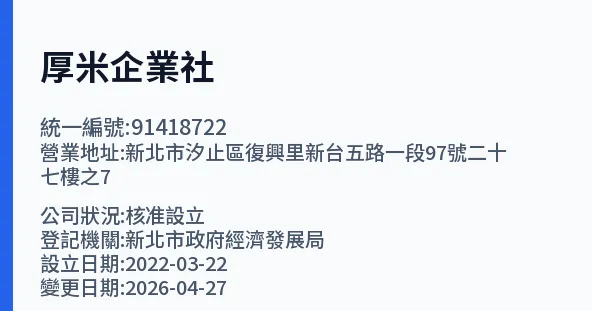 厚米企業社的照片-統編 91418722(新北市) 公司登記資料與營業項目詳細圖表