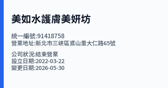 美如水護膚美妍坊的照片-統編 91418758(新北市) 公司登記資料與營業項目詳細圖表