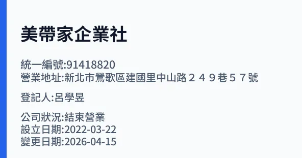 美帶家企業社的照片-統編 91418820(新北市) 公司登記資料與營業項目詳細圖表
