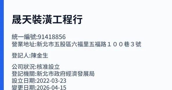 晟天裝潢工程行的照片-統編 91418856(新北市) 公司登記資料與營業項目詳細圖表