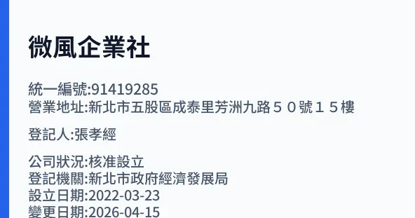 微風企業社的照片-統編 91419285(新北市) 公司登記資料與營業項目詳細圖表