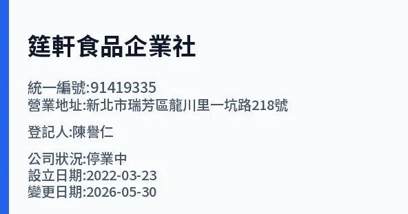 筳軒食品企業社的照片-統編 91419335(新北市) 公司登記資料與營業項目詳細圖表