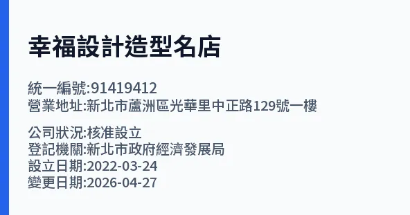 幸福設計造型名店的照片-統編 91419412(新北市) 公司登記資料與營業項目詳細圖表