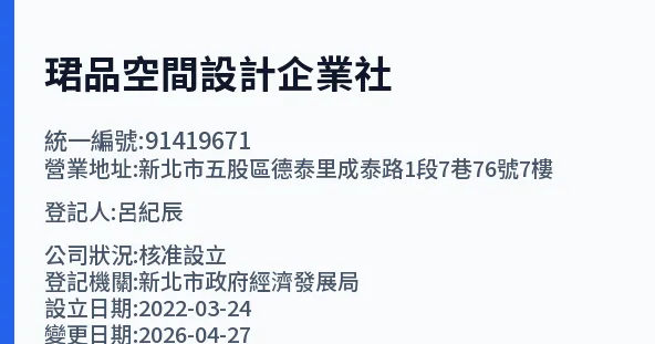 珺品空間設計企業社的照片-統編 91419671(新北市) 公司登記資料與營業項目詳細圖表