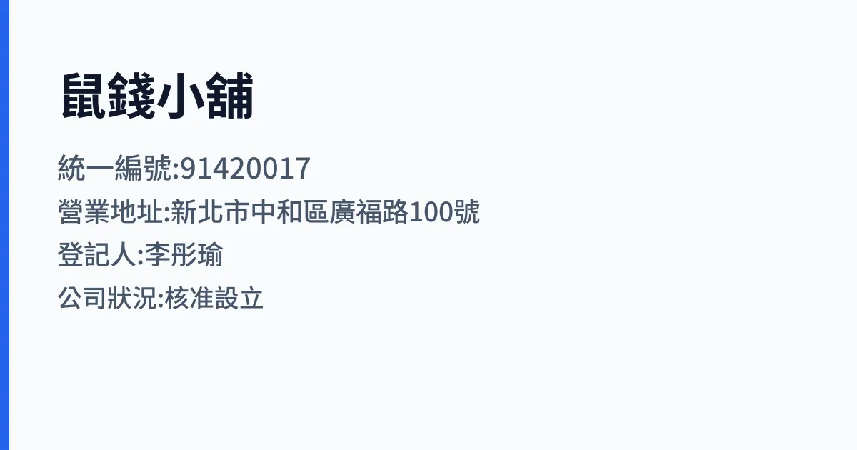 鼠錢小舖 - 統編 91420017(新北市) 公司登記資料與營業項目詳細圖表