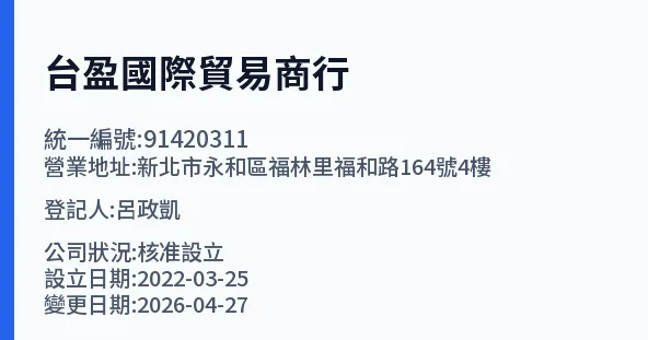 台盈國際貿易商行的照片-統編 91420311(新北市) 公司登記資料與營業項目詳細圖表