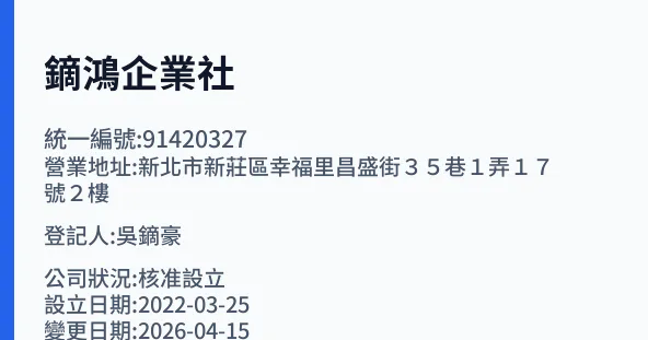 鏑鴻企業社的照片-統編 91420327(新北市) 公司登記資料與營業項目詳細圖表