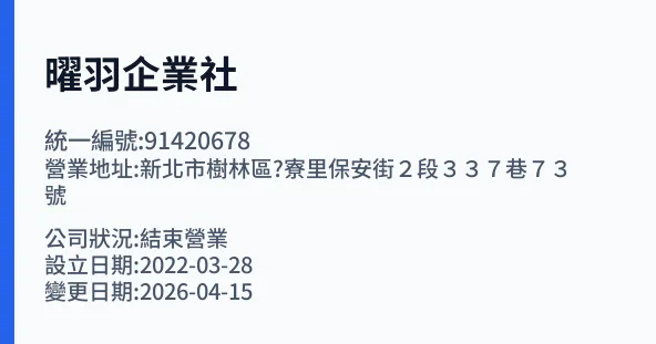 曜羽企業社的照片-統編 91420678(新北市) 公司登記資料與營業項目詳細圖表