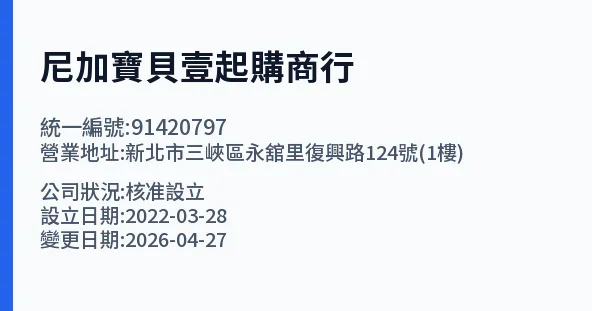尼加寶貝壹起購商行的照片-統編 91420797(新北市) 公司登記資料與營業項目詳細圖表