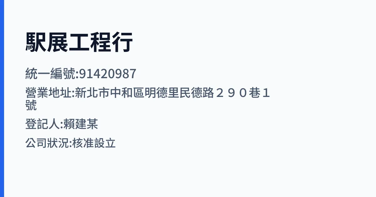 駅展工程行 - 統編 91420987(新北市) 公司登記資料與營業項目詳細圖表