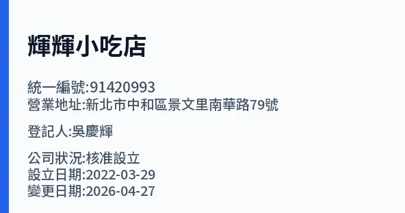 輝輝小吃店的照片-統編 91420993(新北市) 公司登記資料與營業項目詳細圖表