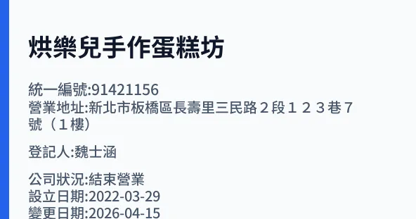 烘樂兒手作蛋糕坊的照片-統編 91421156(新北市) 公司登記資料與營業項目詳細圖表