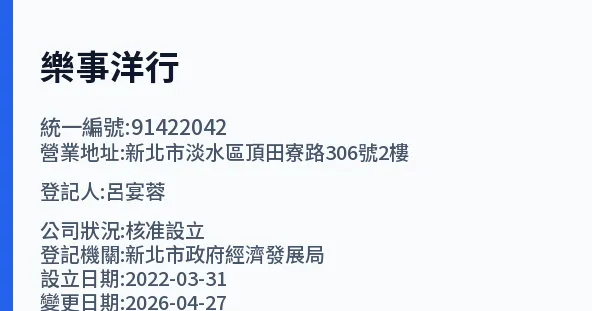 樂事洋行的照片-統編 91422042(新北市) 公司登記資料與營業項目詳細圖表