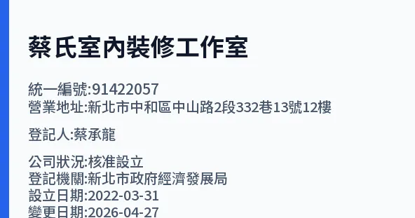 蔡氏室內裝修工作室的照片-統編 91422057(新北市) 公司登記資料與營業項目詳細圖表