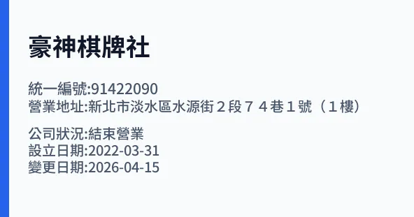 豪神棋牌社的照片-統編 91422090(新北市) 公司登記資料與營業項目詳細圖表