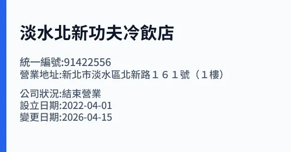 淡水北新功夫冷飲店的照片-統編 91422556(新北市) 公司登記資料與營業項目詳細圖表