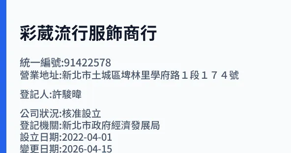 彩葳流行服飾商行的照片-統編 91422578(新北市) 公司登記資料與營業項目詳細圖表